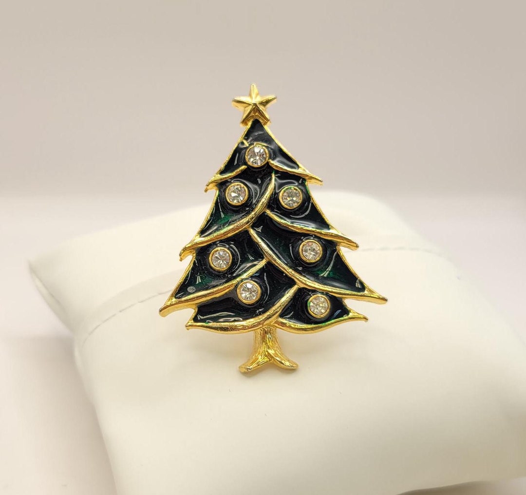 Enameled Christmas Tree Pin – Gold Tone Rhinestone Holiday Brooch - Etsy