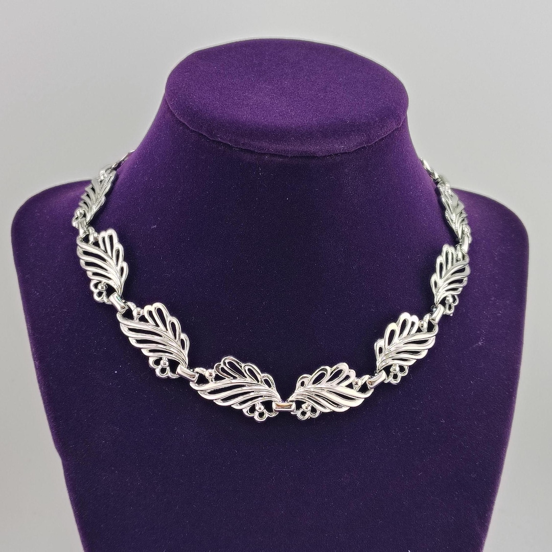 Vintage Silver Tone Wispy Leaf Open Work Link Chunky Collar Necklace ...