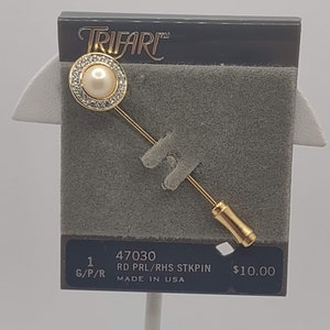 Trifari Stick Pin- Trifari Jewelry- Faux Pearl Stick Pin- Rhinestone ...