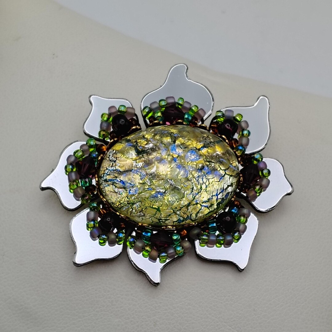 Liz Tech Floral Brooch – Vintage Beaded Mirror Flower Pin - Etsy
