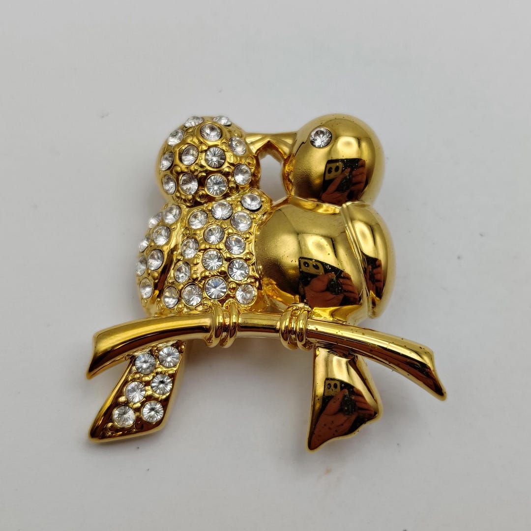 Monet Sparkling Love Birds Romantic Brooch- Golden Kissing Birds on ...
