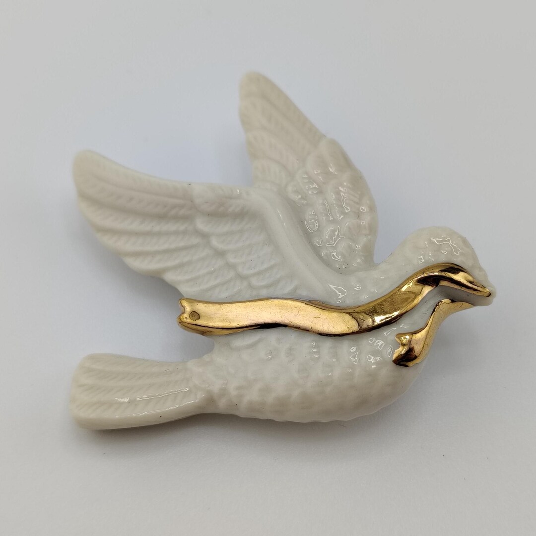 Lenox White Porcelain Dove of Peace With Golden Ribbon Brooch- Vintage ...