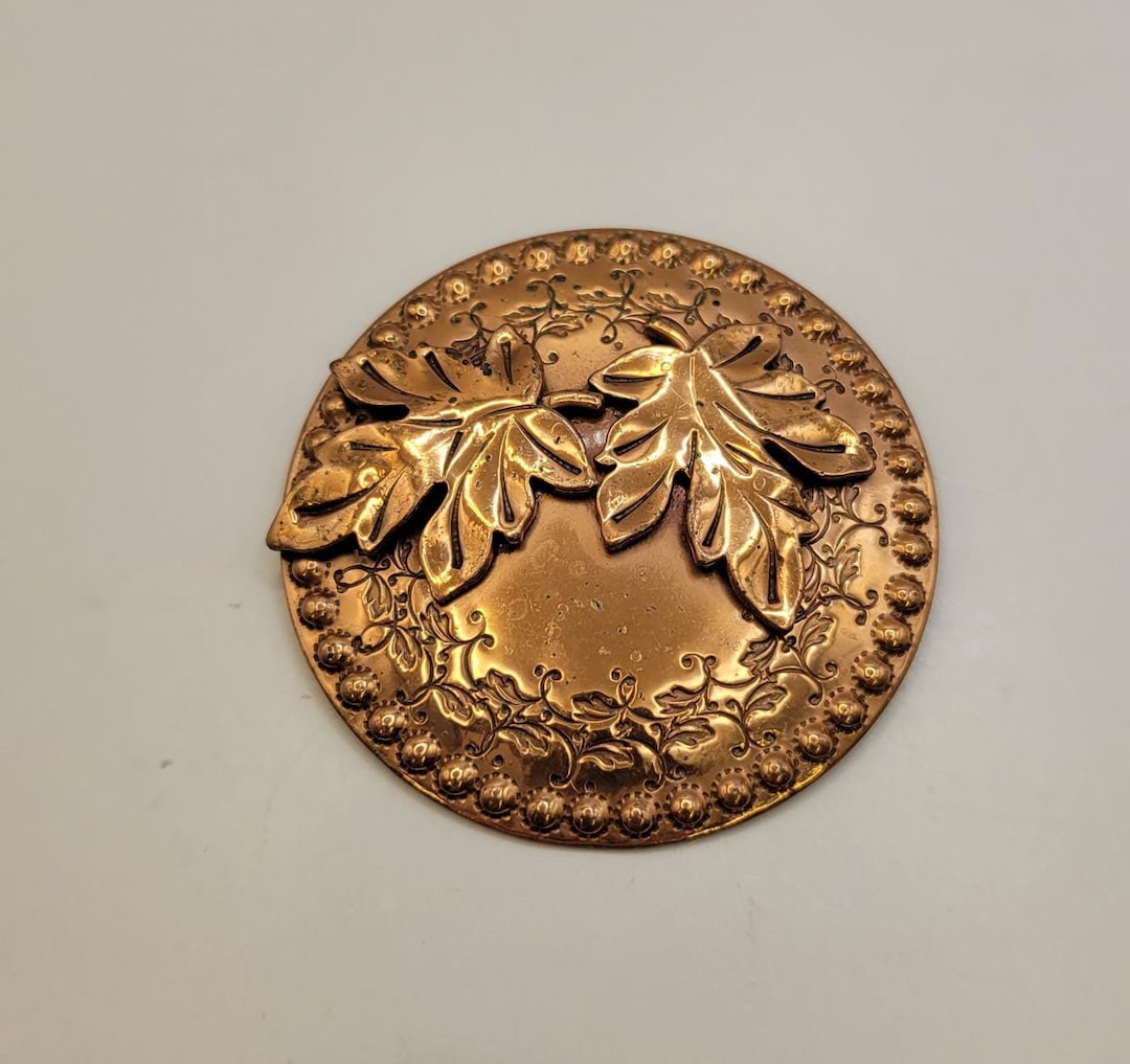 Vintage Gret Barkin Handmade Copper Leaf Round Brooch Highly Detailed ...