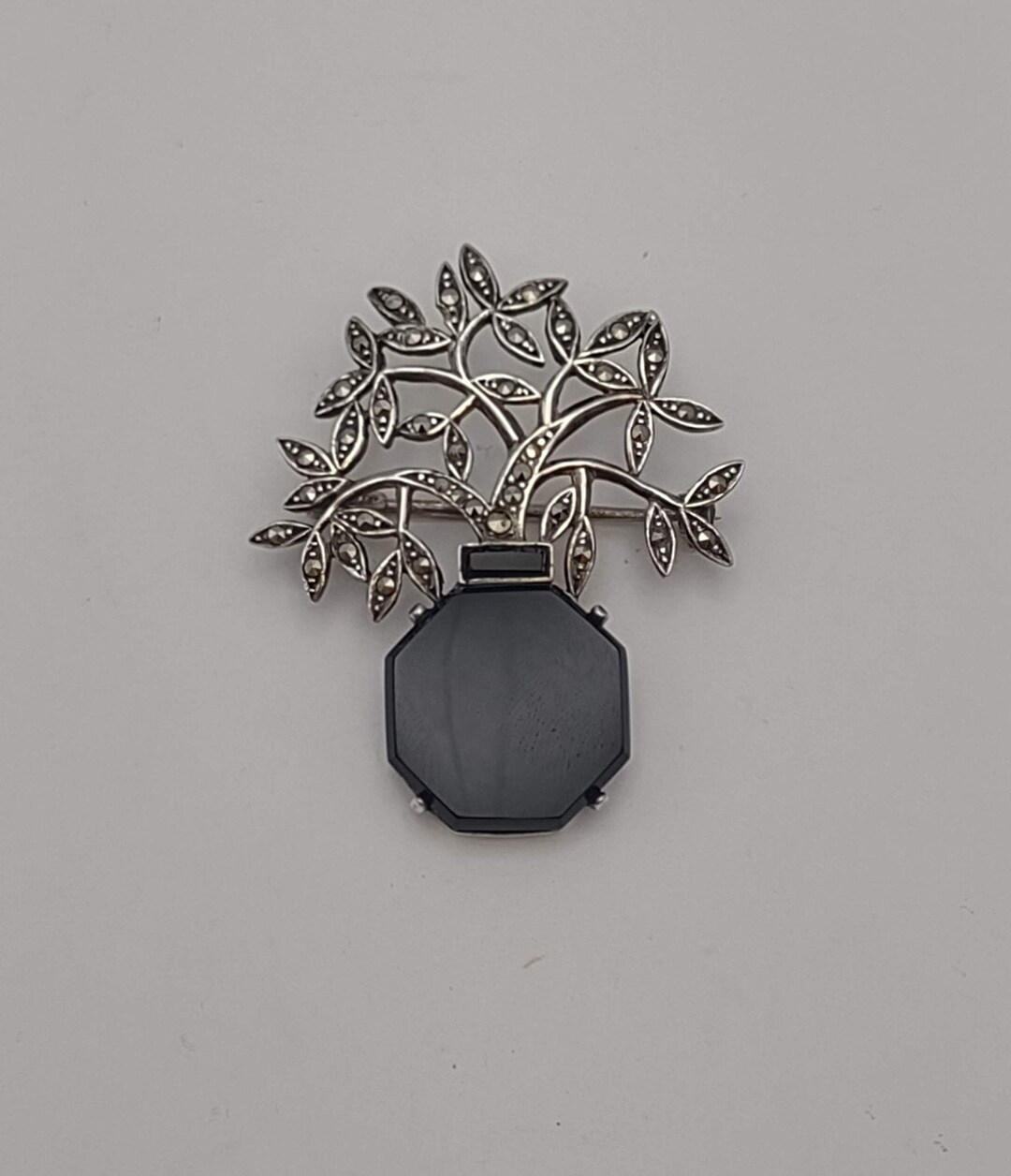 Ornate 925 Silver Tree Design With Marcasite and Onyx Pin Silver ...