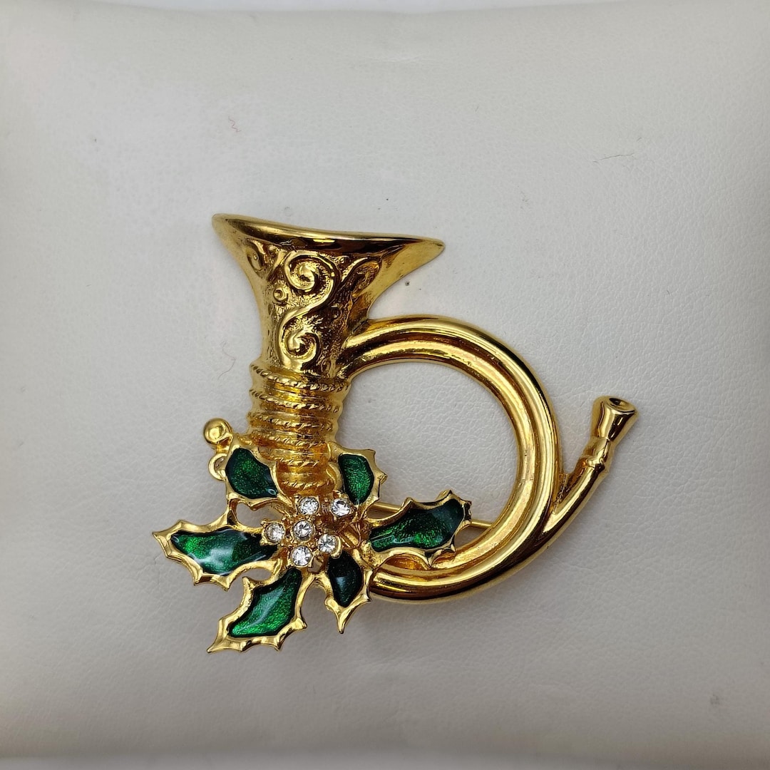 Ornate Gold Tone Christmas French Horn With Clear Rhinestones and Green ...