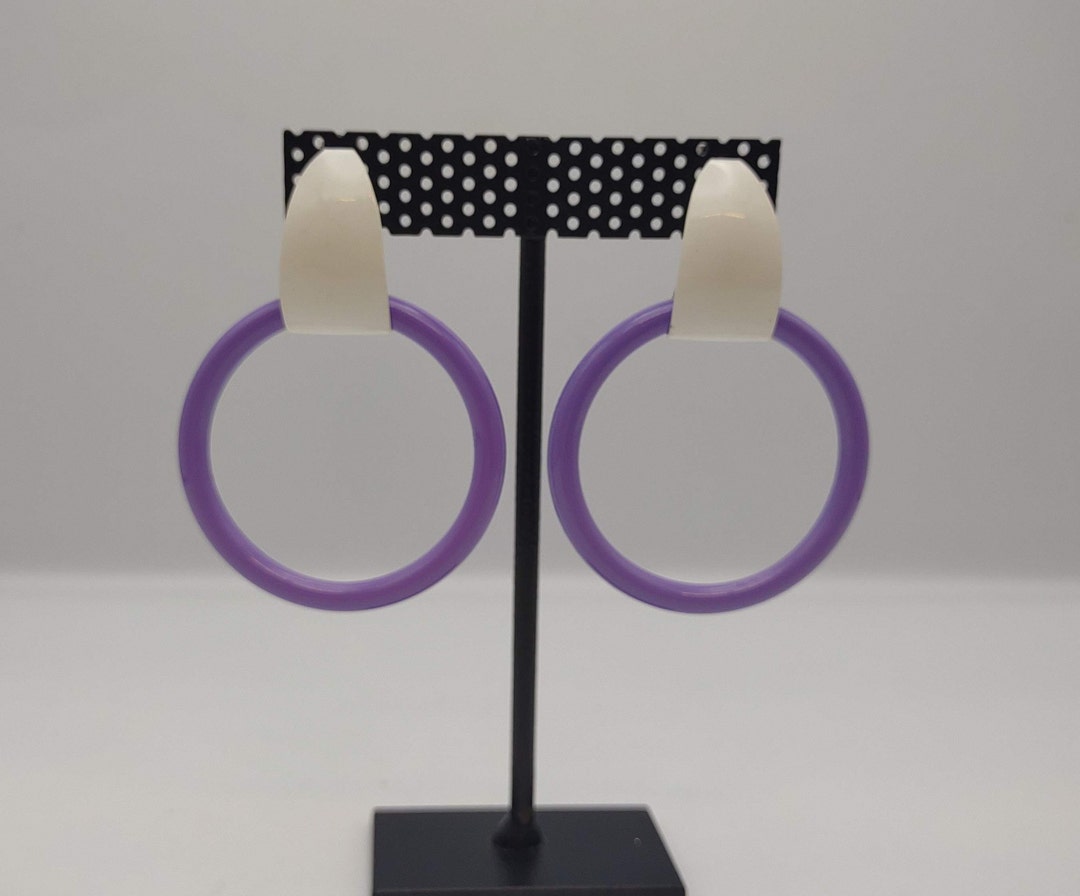 1980s Purple and White Enameled Door Knocker Oversized Hoop Earrings ...