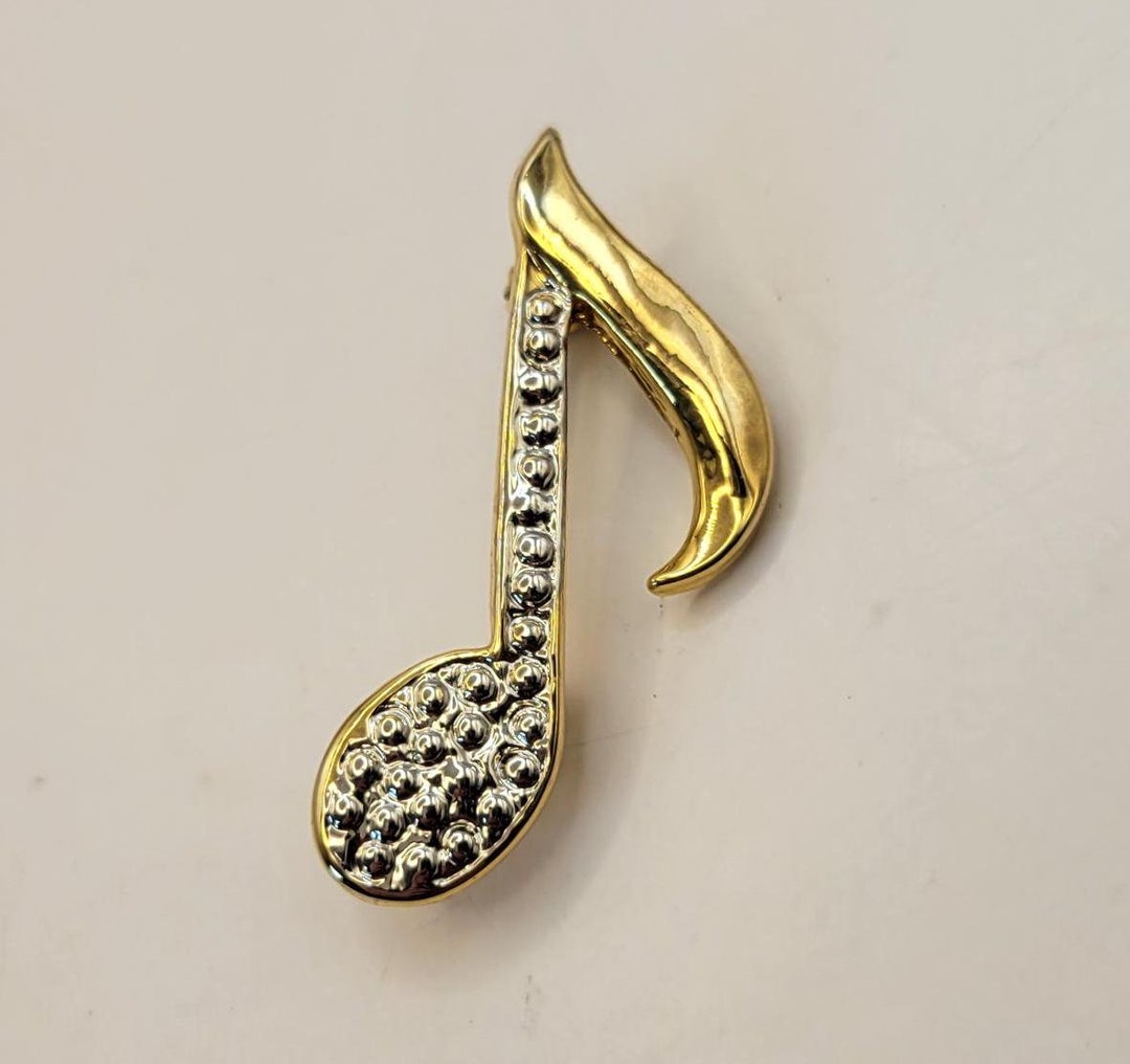 Textured Music Note Pin - Gold Tone Costume Metal Eighth Note Brooch ...
