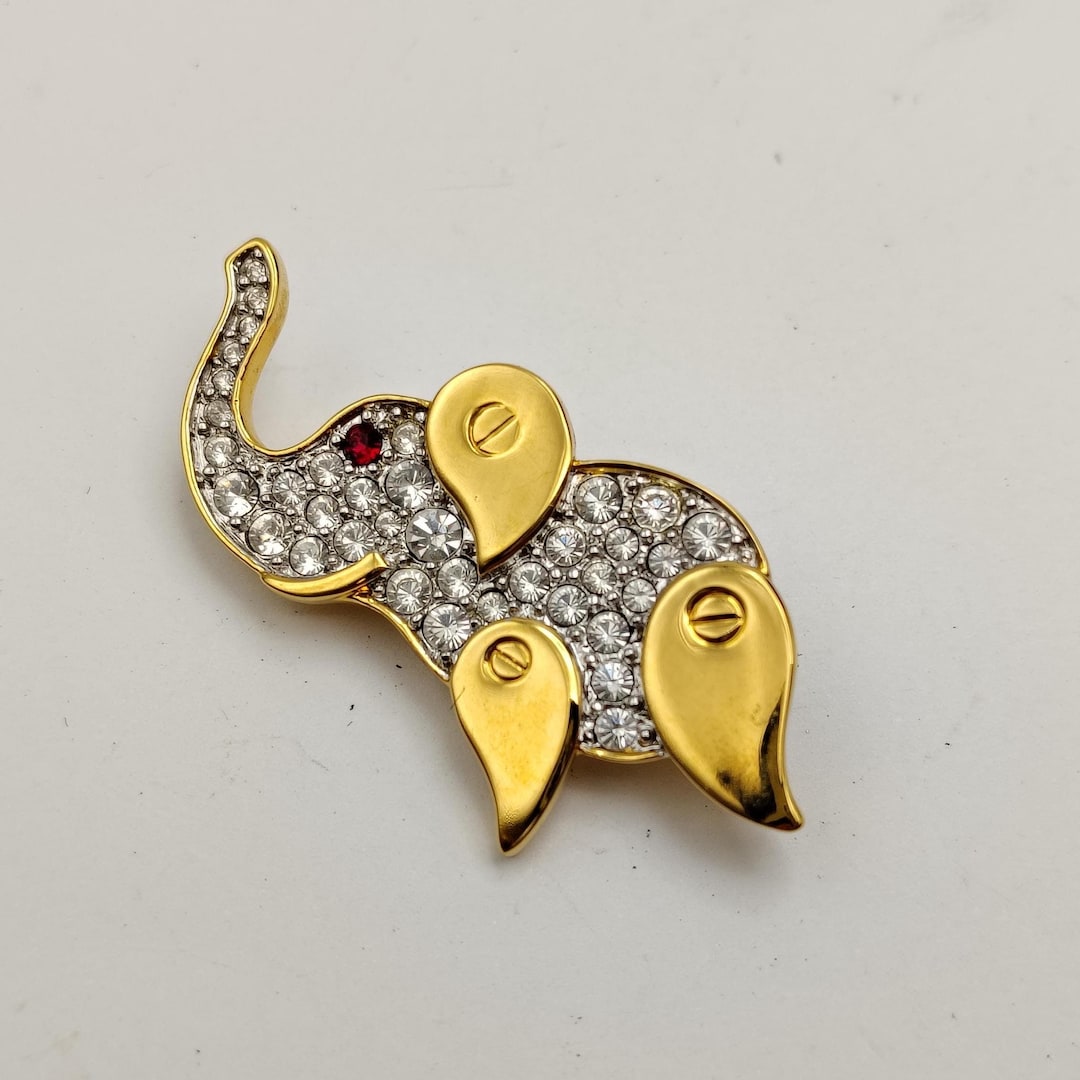 Vintage Monet Rhinestone Elephant Brooch – Gold Tone Designer Jewelry ...