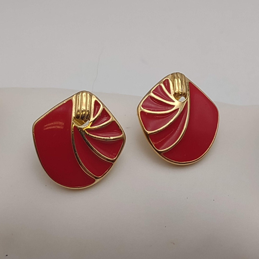 1990s Trifari Gold Plated Red Enameled Geometric Shaped Statement ...