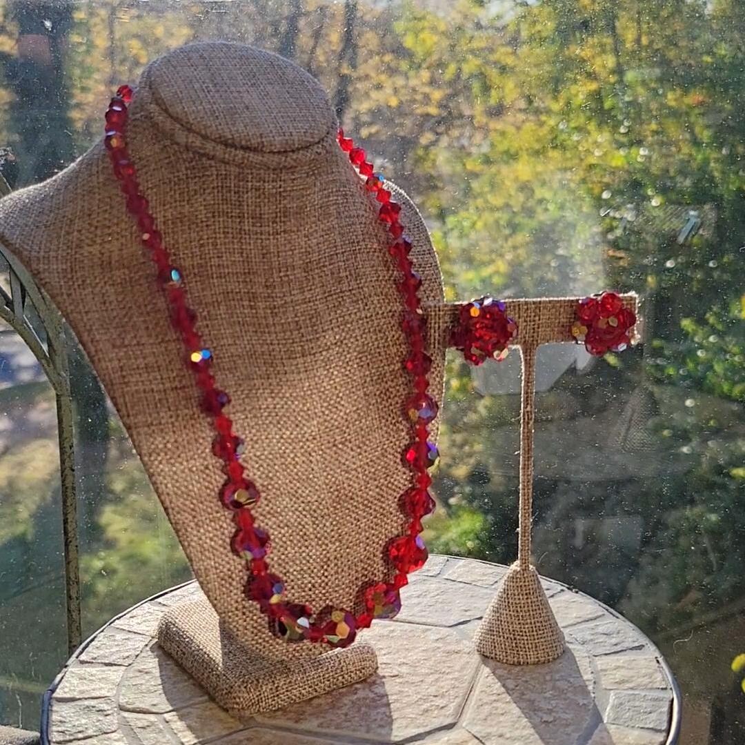 Red Iridescent Crystal Beaded Set- Faceted Sparkling Red Glass Beaded ...