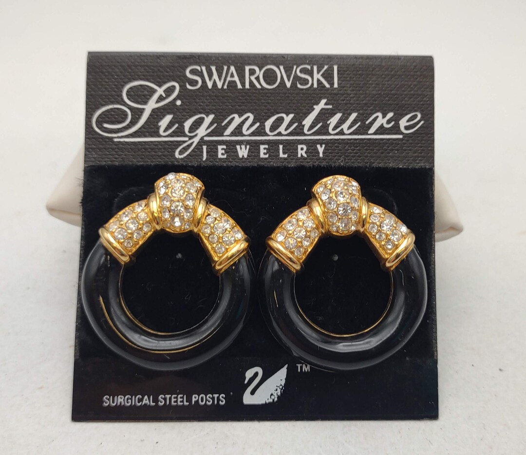 1990s Vintage Swarovski Crystal Door Knocker Earrings- Black Statement ...
