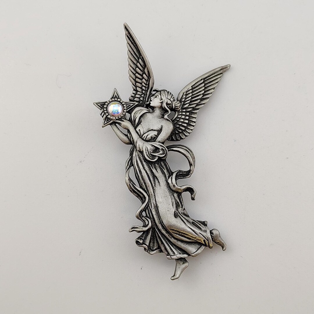 Vintage JJ Guardian Angel Brooch Holding Star Matte Silver Tone ...