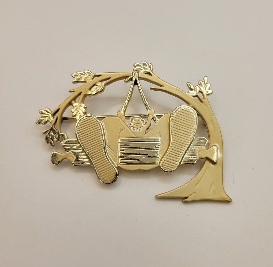 Retro Novelty Tree Swing Pin Gold Tone Brooch Featuring Person in ...