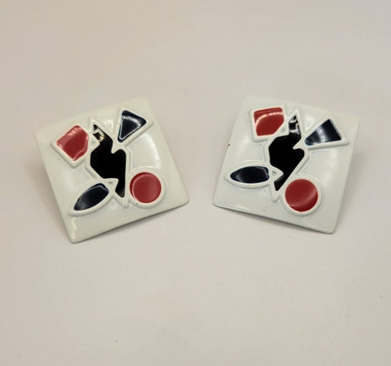 Geometric Shapes Earrings- Retro Enameled White Squar… - Gem