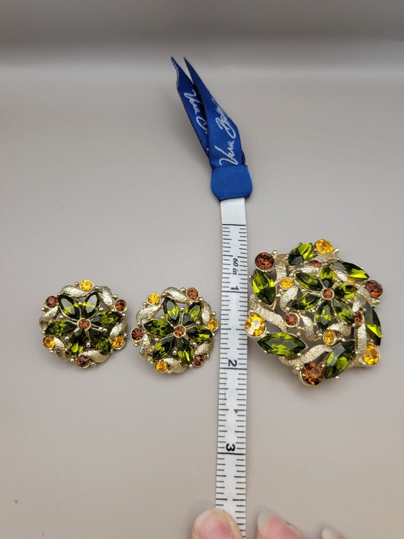 Olive Green and Golden Yellow Rhinestone Pin and Earr… - Gem