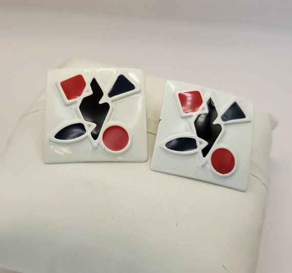 Geometric Shapes Earrings- Retro Enameled White Squar… - Gem