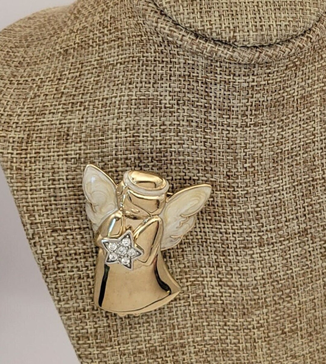 Gold Tone Enameled Rhinestone Angel Pin Angel Holding Star With Clear ...