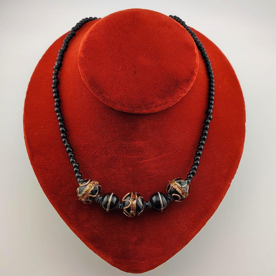 Vintage Black and Brown Art Glass Necklace Artisan Beaded Statement ...