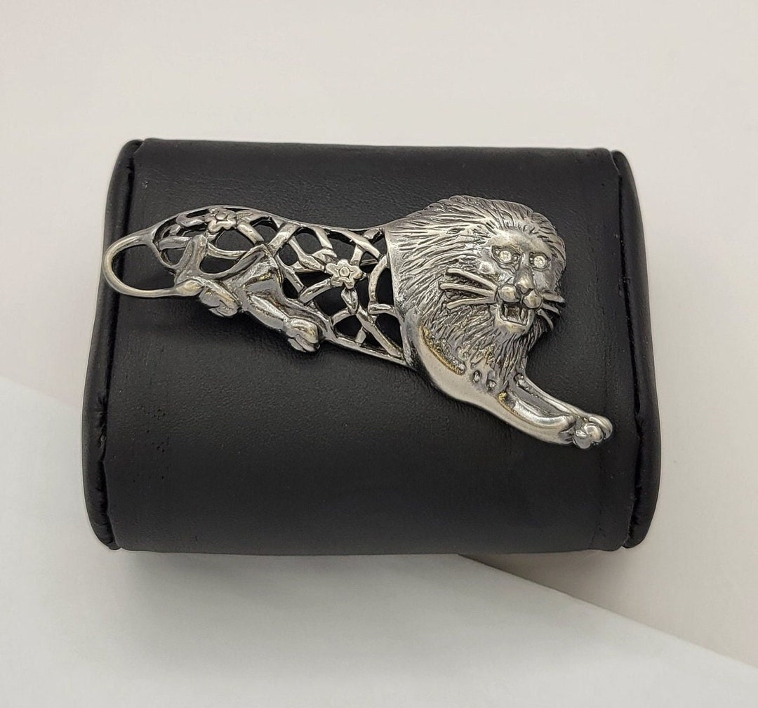 Open Work Gunmetal Tone Lion Statement Brooch- Detailed Lion Pin With ...