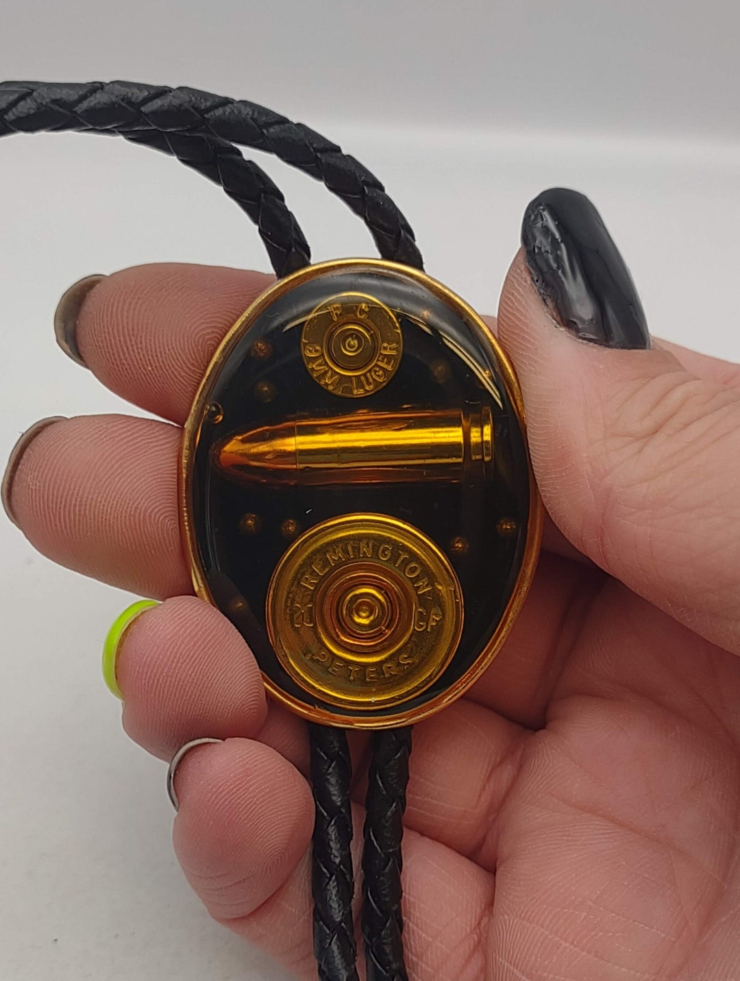 Vintage Bullet Design Remington Luger Waxed Leather Adjustable Bolo Tie ...