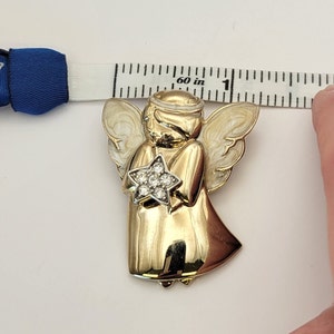 Gold Tone Enameled Rhinestone Angel Pin - Angel Holding Star With Clear ...