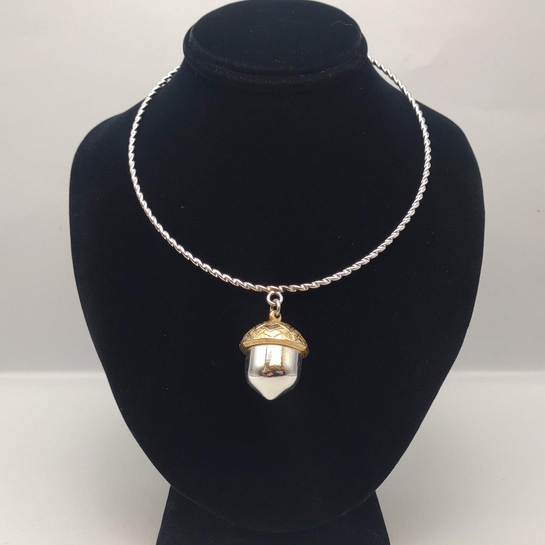 Vintage Two Tone Dangling Acorn Nut Pendant on Silver Plated Twisted Collar- Statement Collar ...
