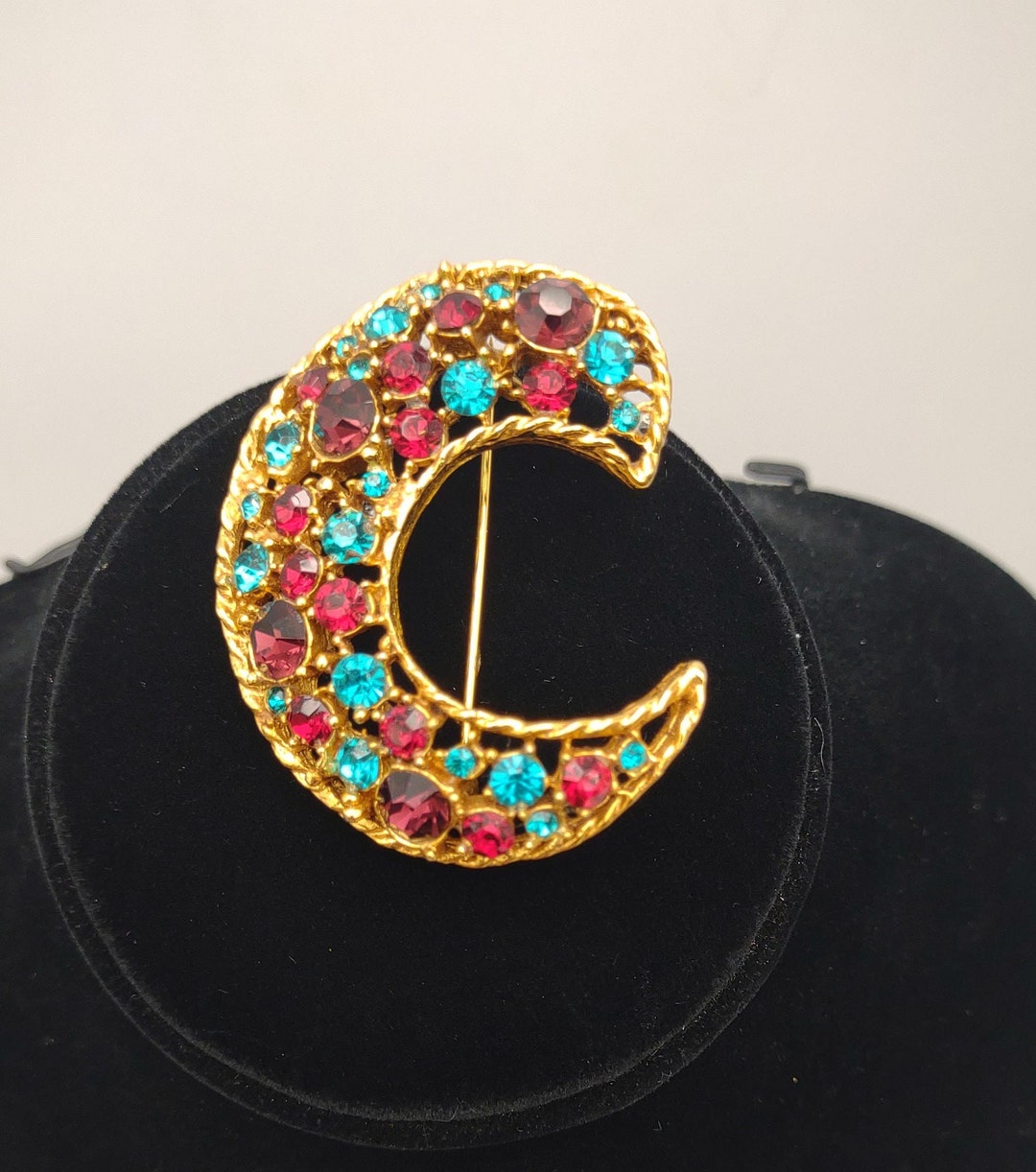 Crescent Shaped Colorful Rhinestone Brooch Gold Tone Open Work Vibrant ...