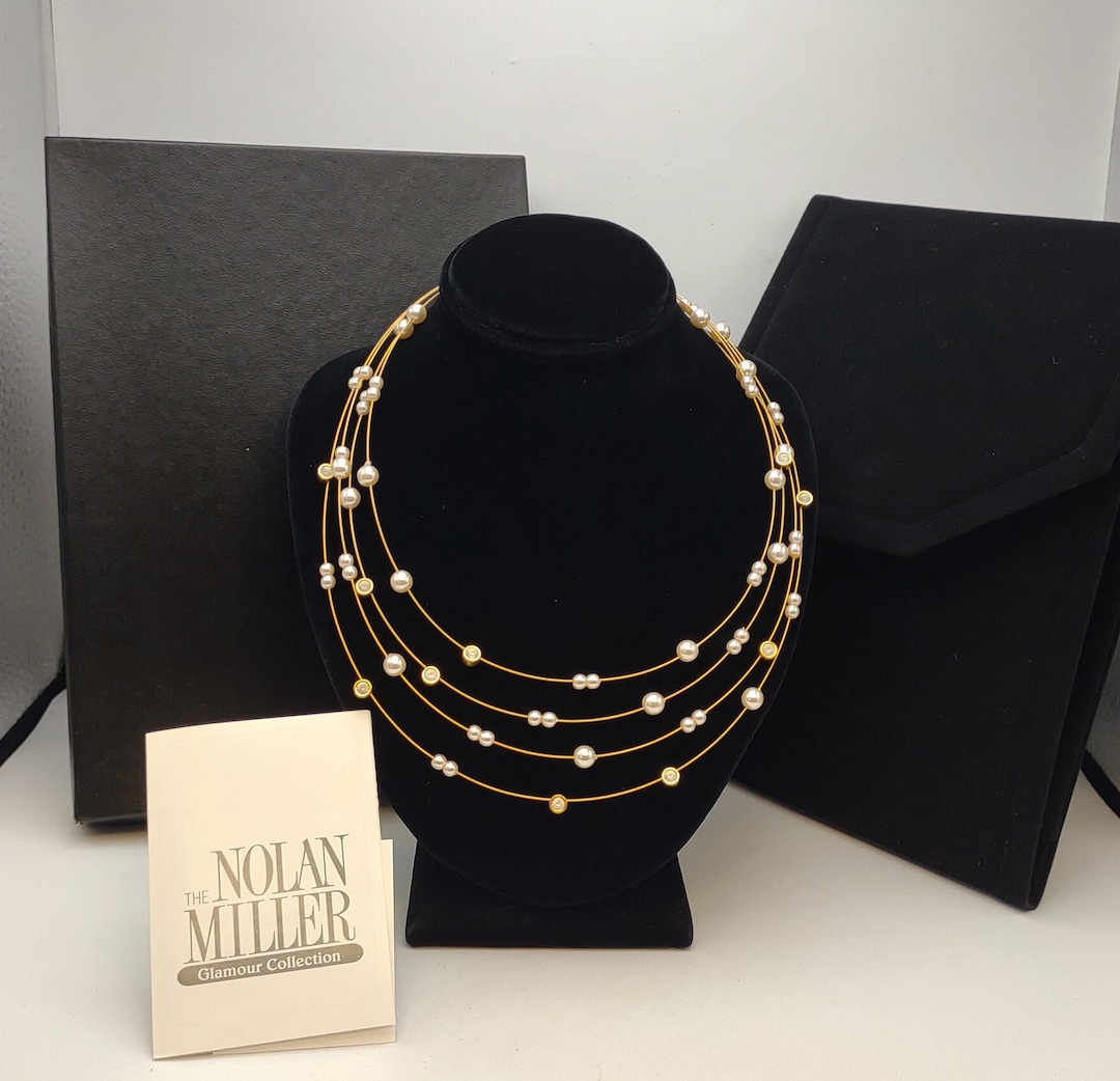 Vintage Nolan Miller Faux Pearl Crystal Necklace - 4 Strand Designer ...