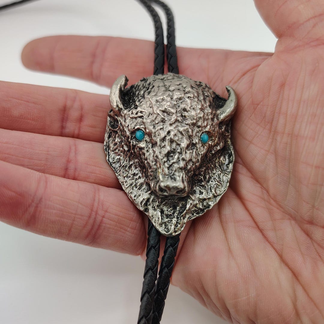 Vintage Textured Buffalo Face Domed Statement Sliding Adjustable Bolo ...