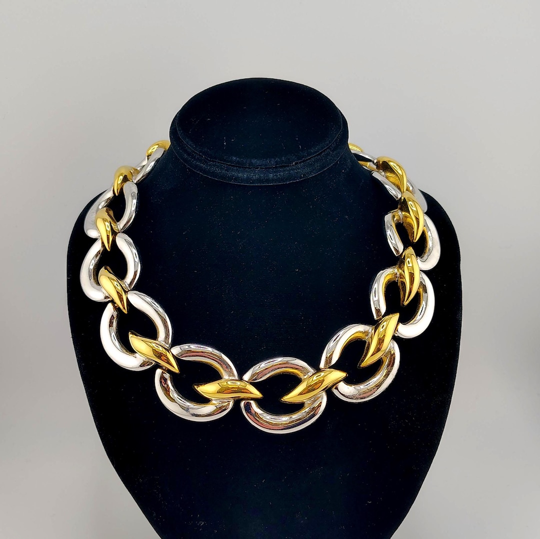 Vintage 90s Chunky Two-tone Collar Necklace- Gold Silver Statement ...