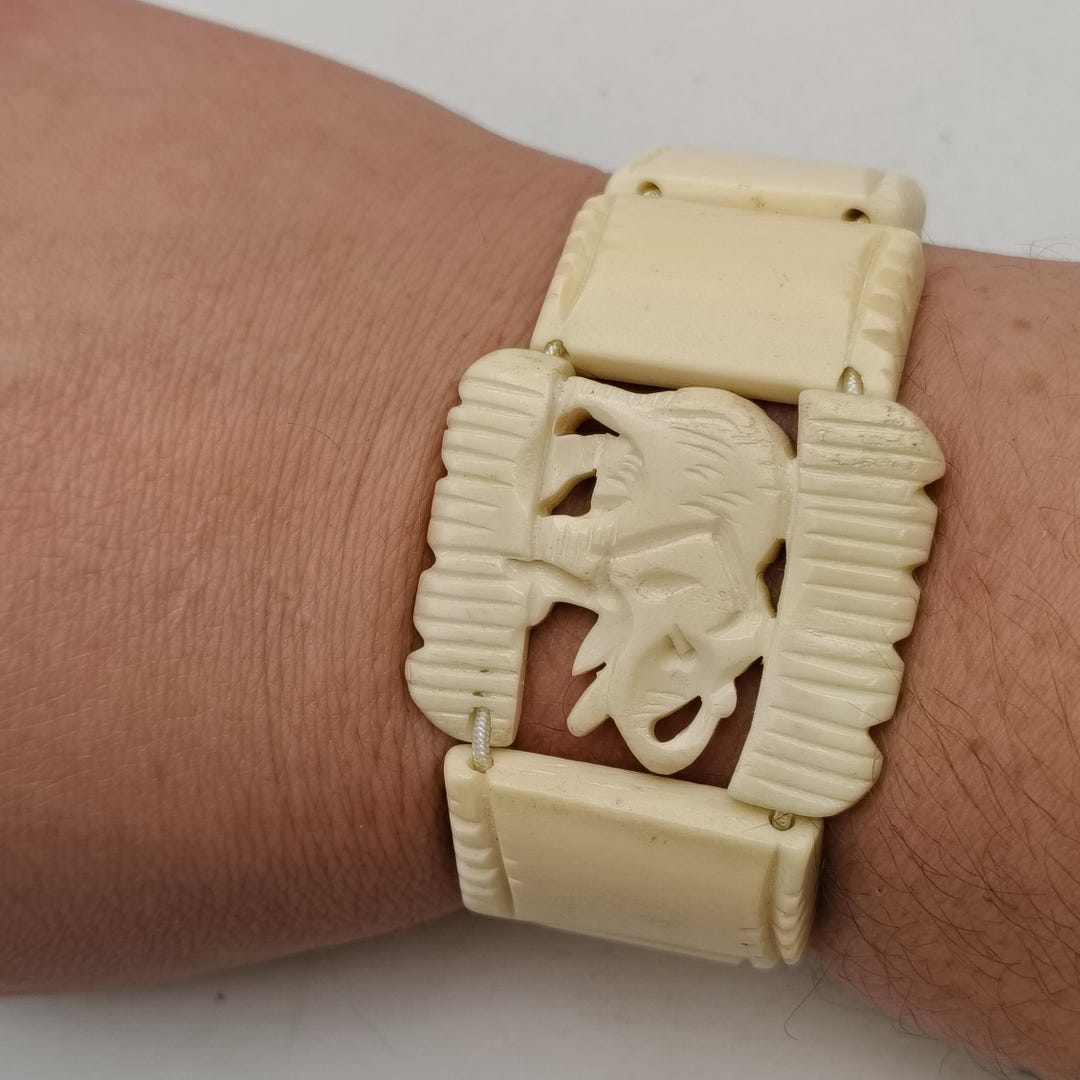 Hand Carved Bone Lucky Elephant Graduated Link Bracelet- Vintage Bone ...