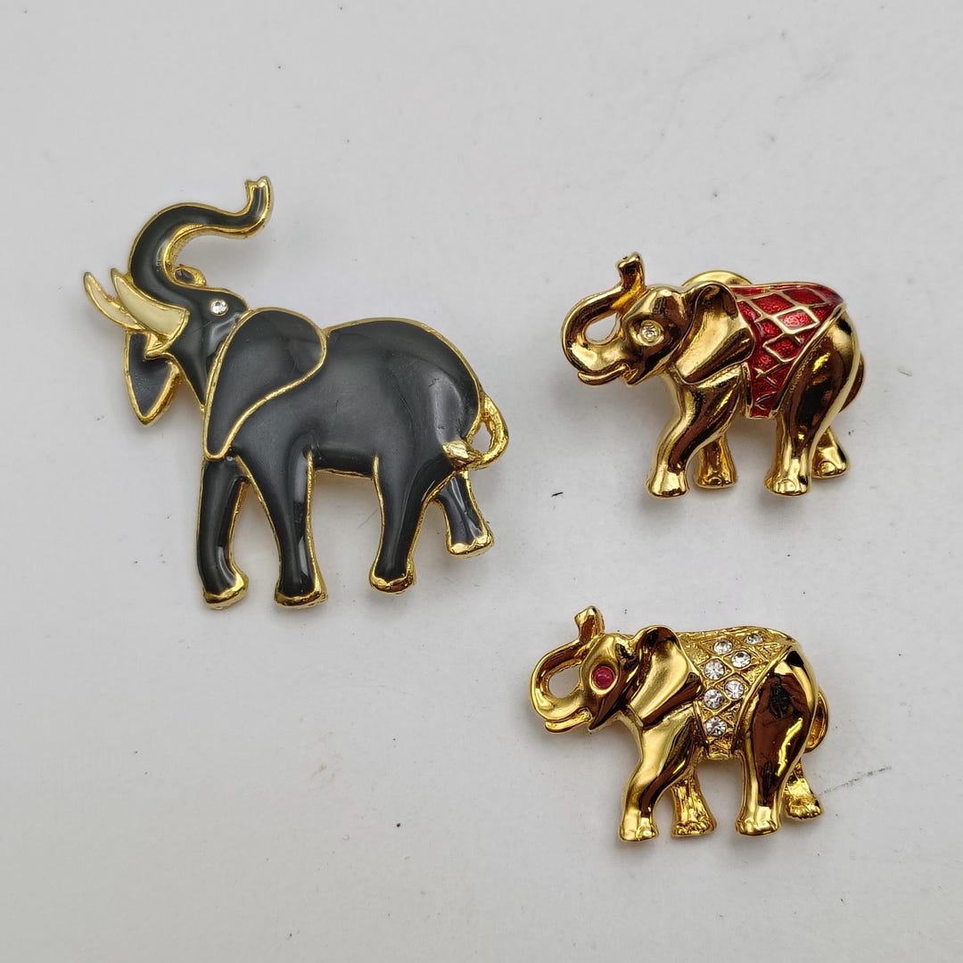 Vintage Enameled Elephant Pins – Rhinestone Costume Jewelry, Set of 3 ...