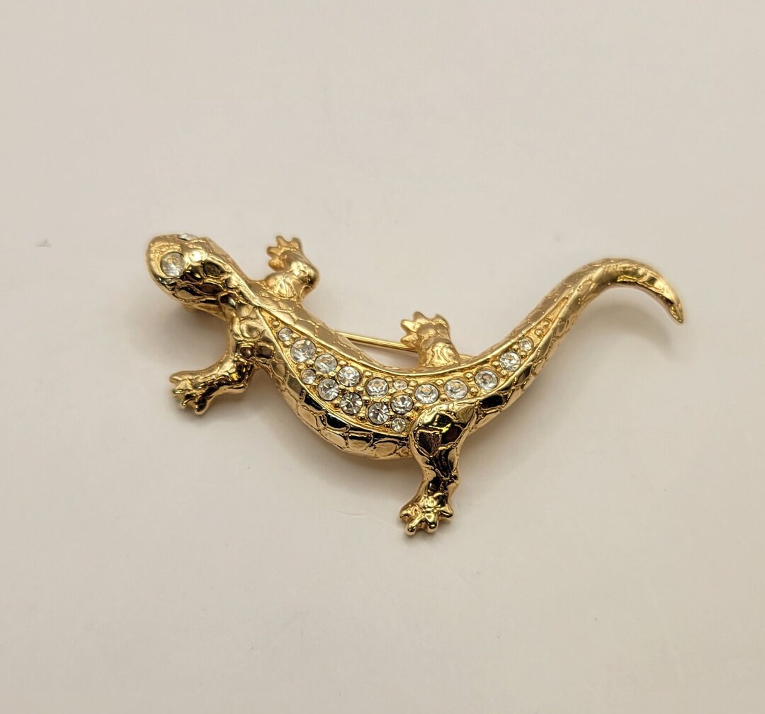 Swarovski Crystal Lizard Pin Unique Gold Tone Crawling Lizard Brooch ...