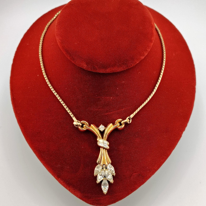 Vintage Crown Trifari Rhinestone Necklace – Gold Tone Dangle, Formal ...