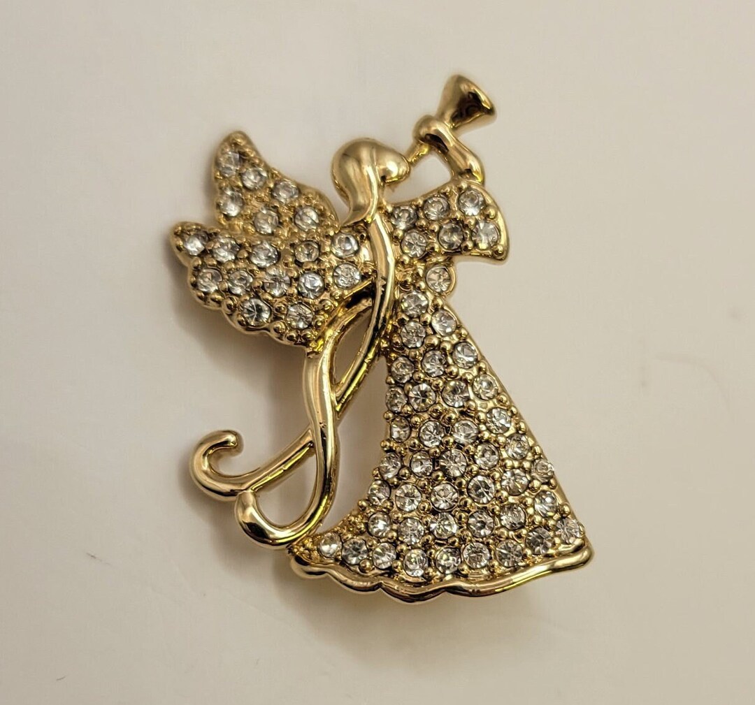 MONET Rhinestone Angel Pin Signed Designer Gold Tone Angel With Horn ...
