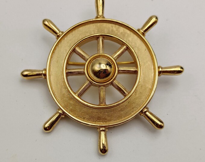 Crown Trifari Sailor's Helm Matte Gold Tone Nautical Theme Statement ...