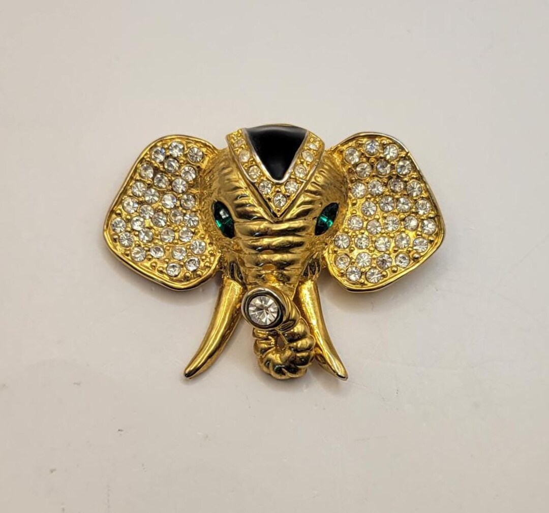 Enameled Rhinestone Elephant Pin - Shiny Gold Tone Metal Lucky Elephant ...