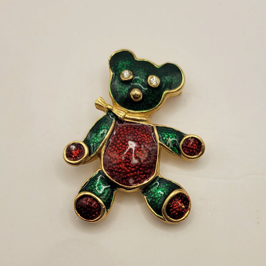 Vintage Enameled Christmas Teddy Bear Pin - Red and Green Holiday Bear ...