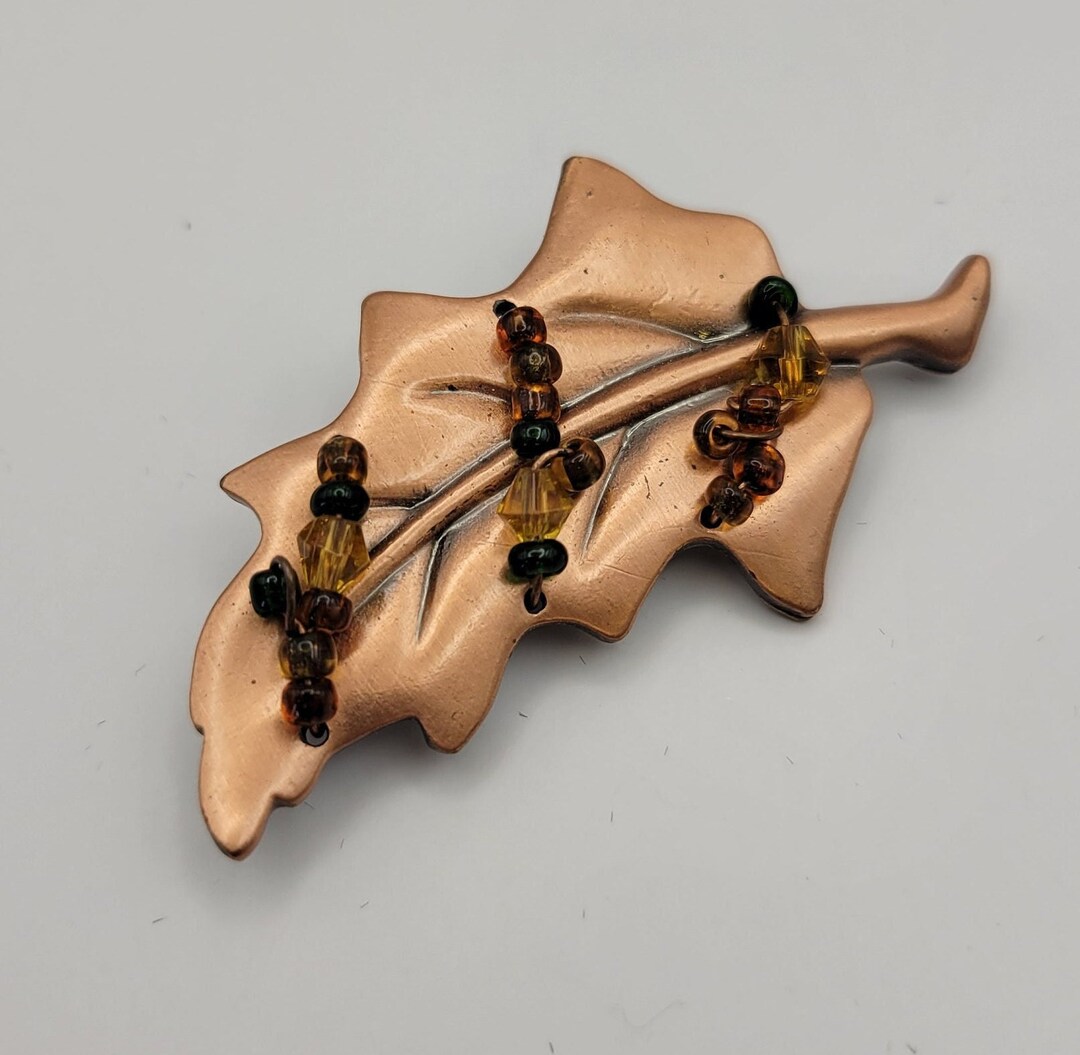 Beaded Copper Tone Autumn Leaf Pin Fall Foliage Copper Tone Pin With ...