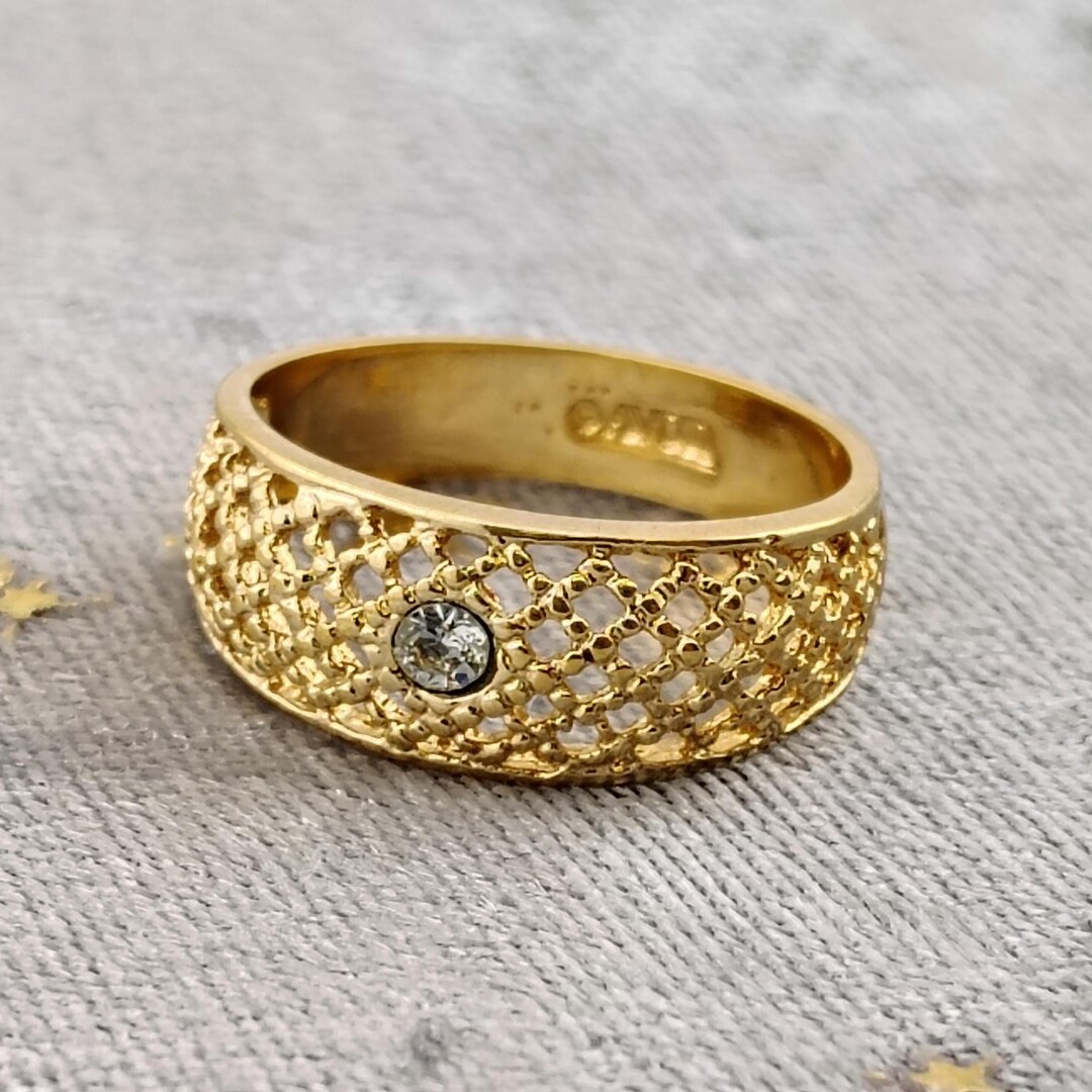 Vintage Avon Gold Tone Lattice Filigree Ring Clear Rhinestone Solitaire ...