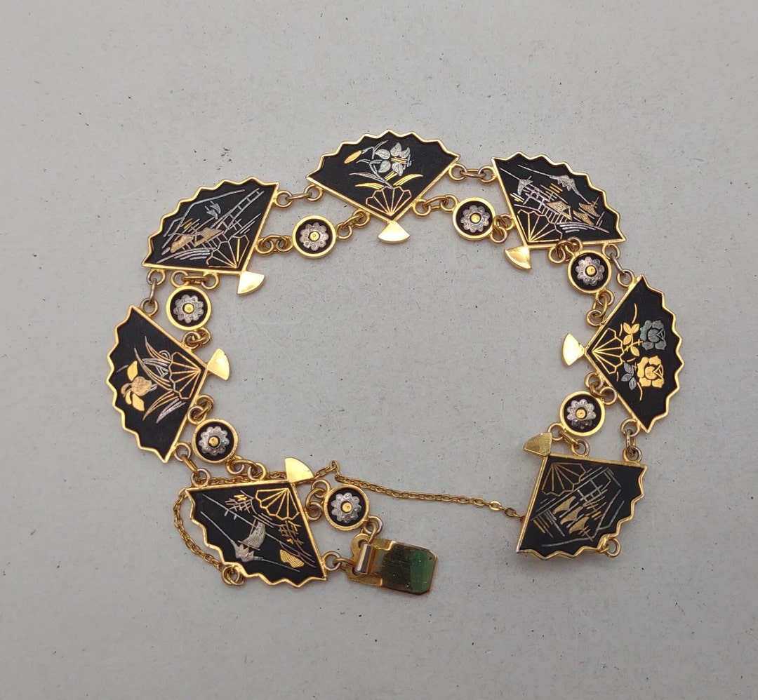 Vintage Amita Japanese Damascene Gold Plated Metal Floral Fan Bracelet ...