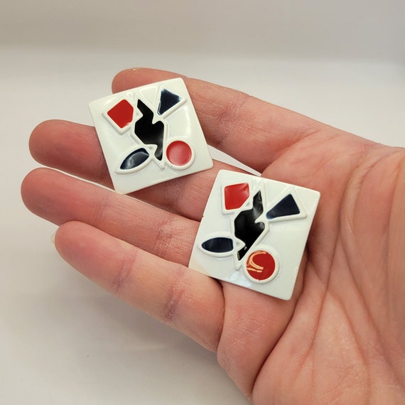 Geometric Shapes Earrings- Retro Enameled White Squar… - Gem