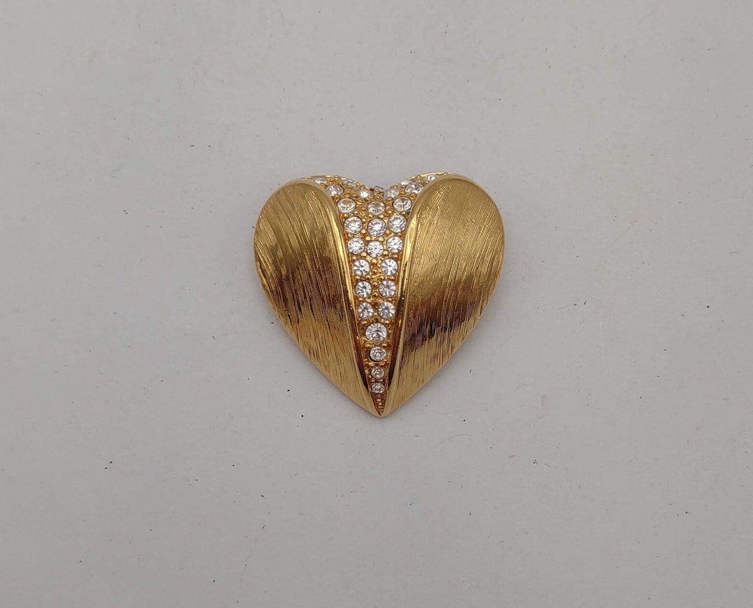 Designer Monet Vintage Textured Puffy Crystal Rhinestone Heart Brooch ...