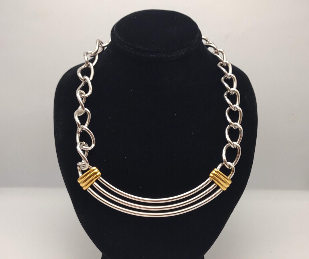 Monet 1980s Two Tone Frontal Collar Necklace 17 Inches Vintage Costume ...