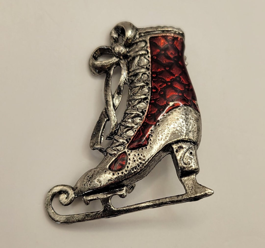 Red Enameled Ice Skate Pin - Vintage Skate Brooch Done in Silver Tone ...