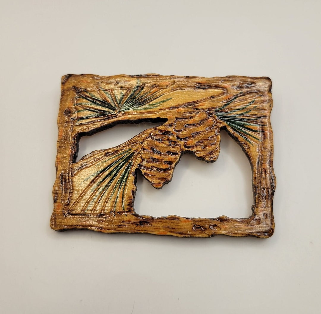 Hand Made Wooden Pinecone Pin - Rectangular Carved Wooden Frame Brooch ...