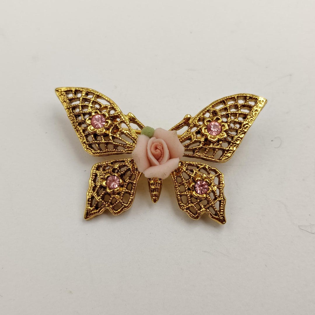 1928 Mfg Co Petite Pink Porcelain Rose and Rhinestone Butterfly Pin ...