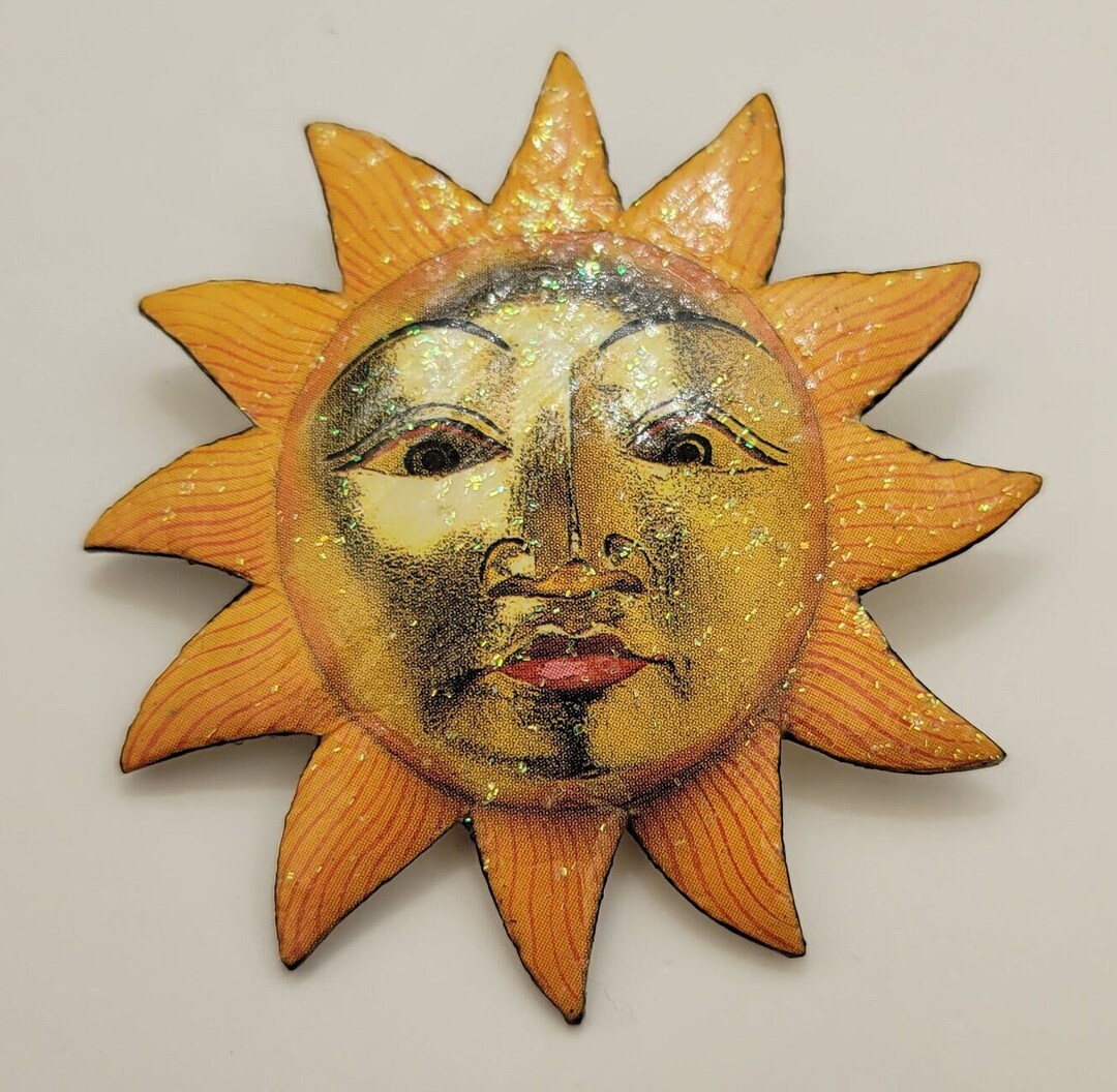 Golden Sun With Face Done on Canvas Brooch Hand Crafted Sun Face Pin ...