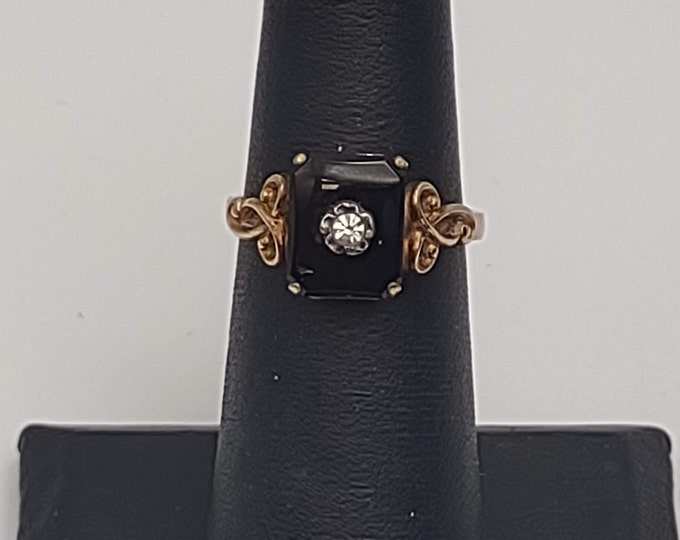 Vintage 10kt Gold Filled Square Onyx Ring With Center Rhinestone Size 5 3/4- Antique Jewelry ...