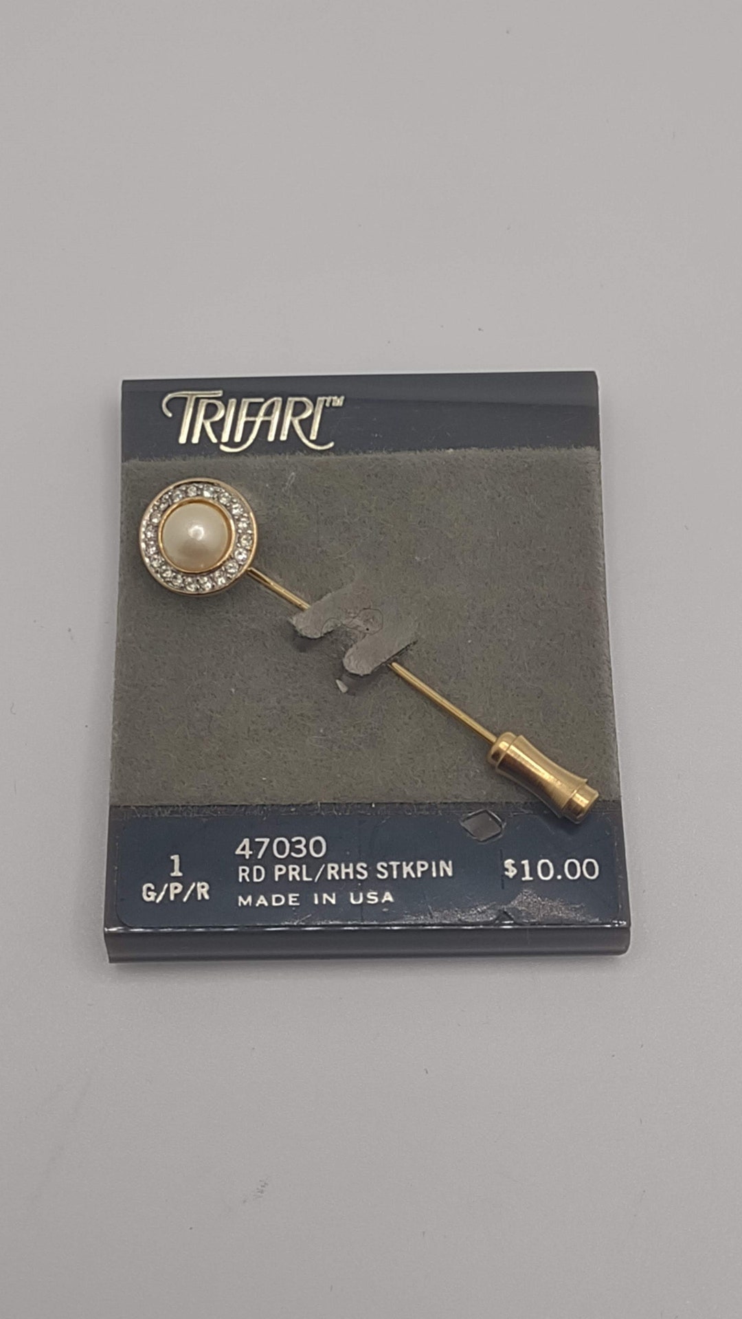 Vintage Trifari Faux Pearl Stick Pin – Rhinestone Halo, Original Card ...